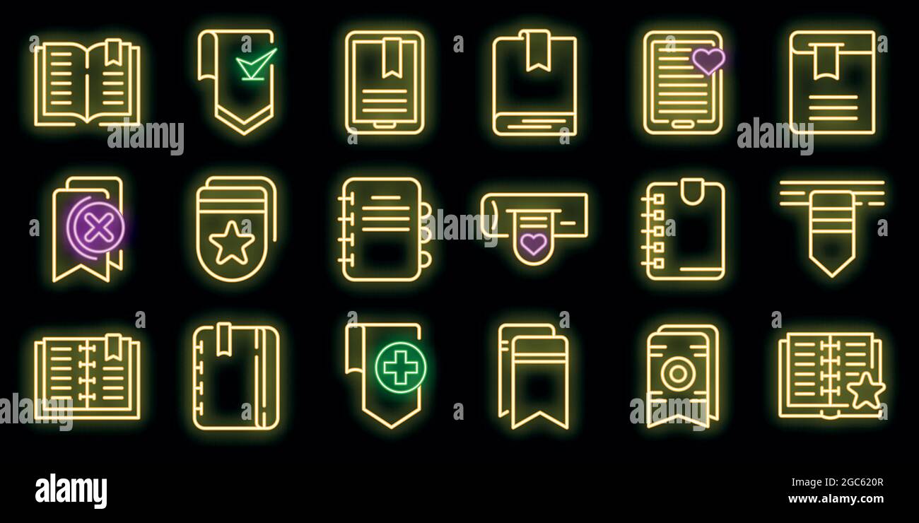 Bookmark icons set. Outline set of bookmark vector icons neon color on ...