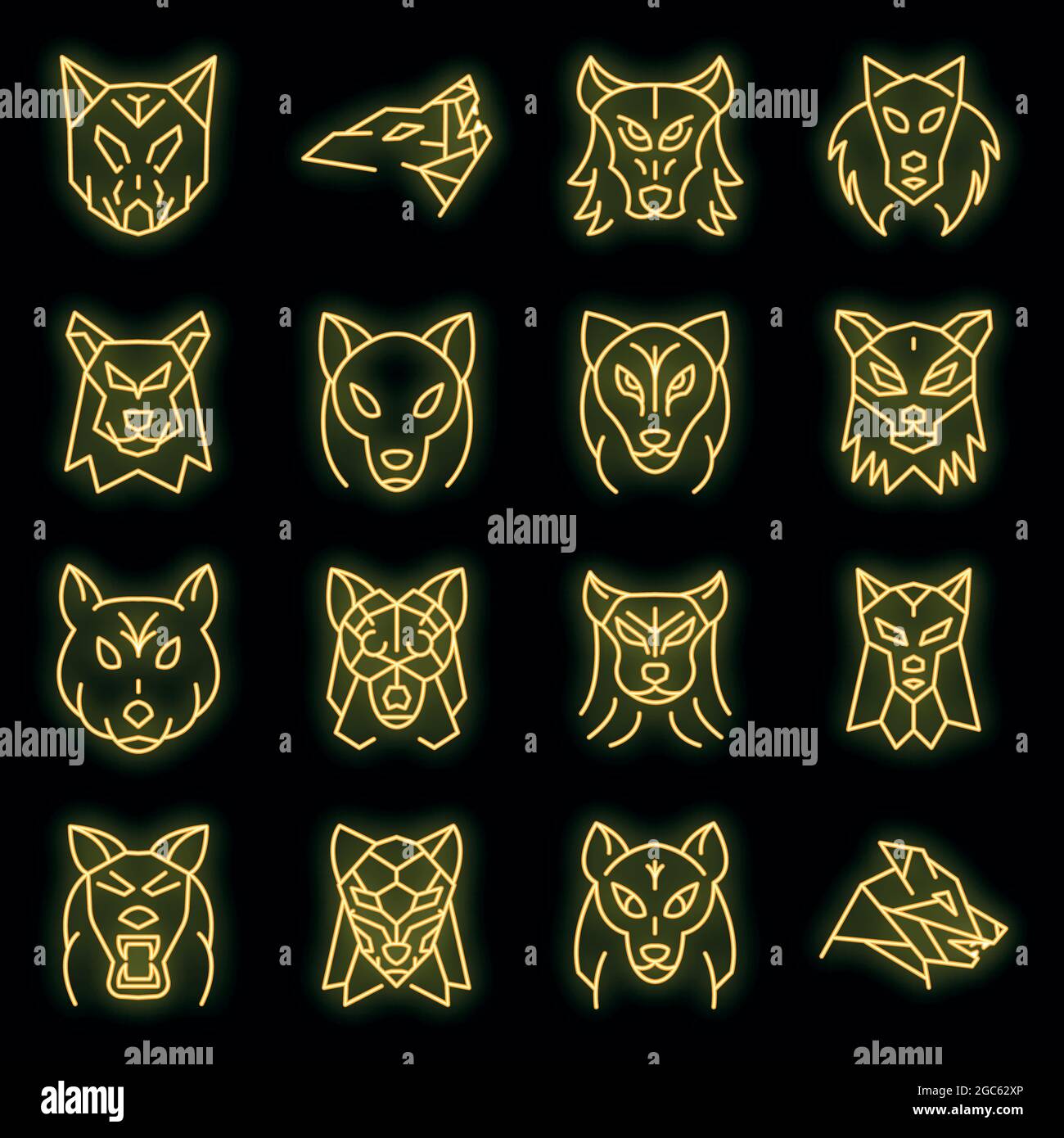 Wolf icons set. Outline set of wolf vector icons neon color on black ...