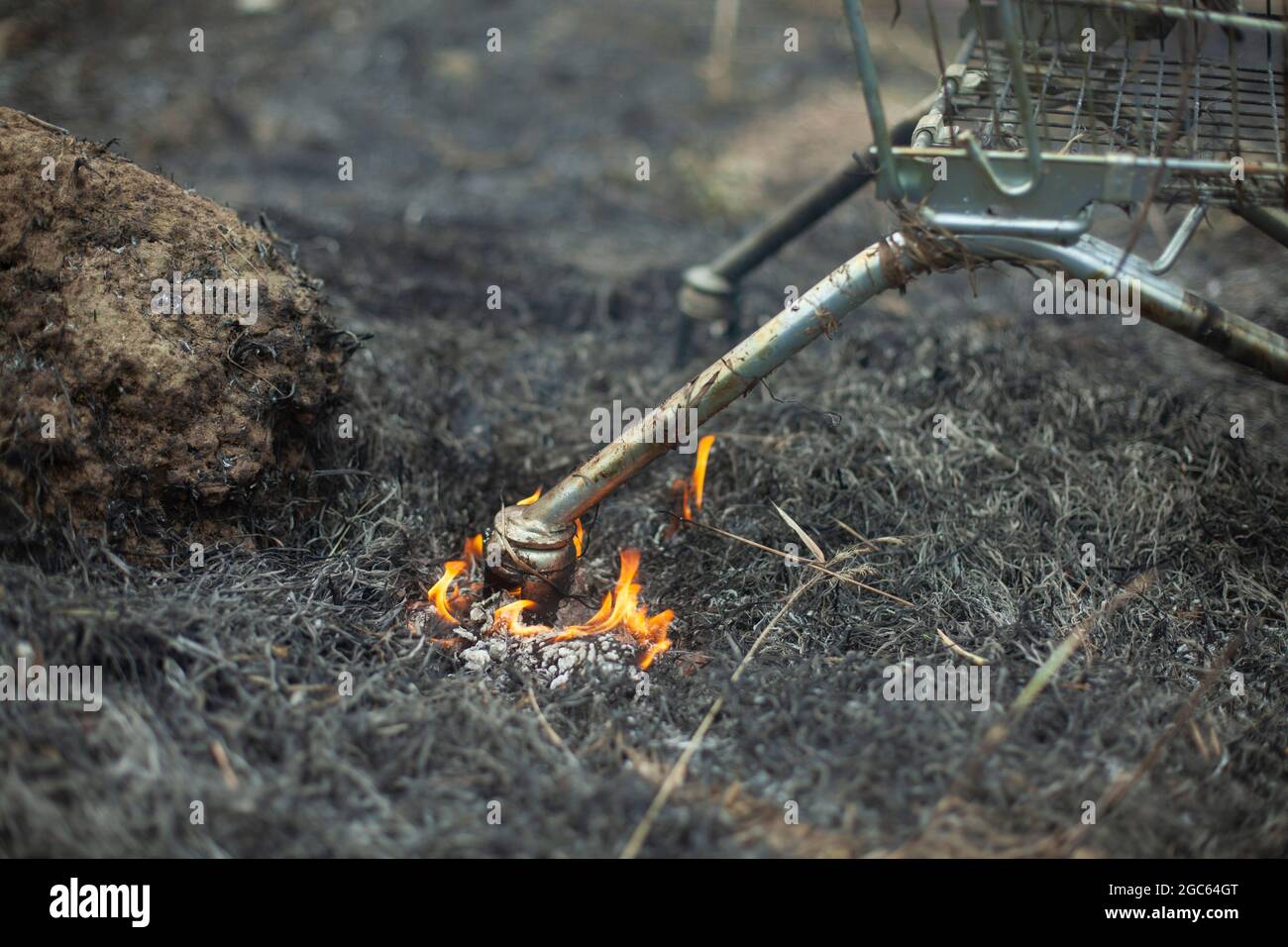 The supermarket cart is on fire. A grocery basket caught fire in the ...