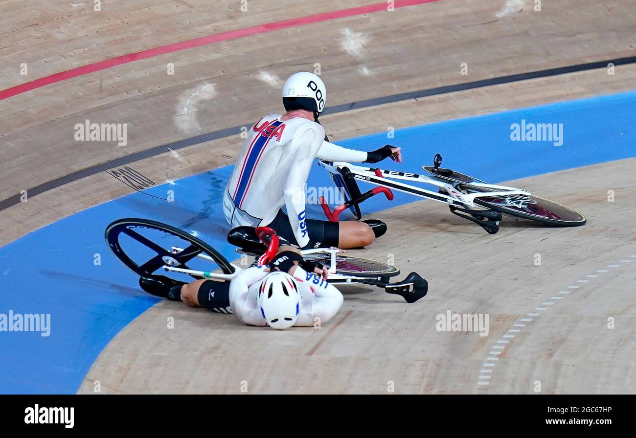 The USA team after a crash during the Men's Madison Final at the Izu ...