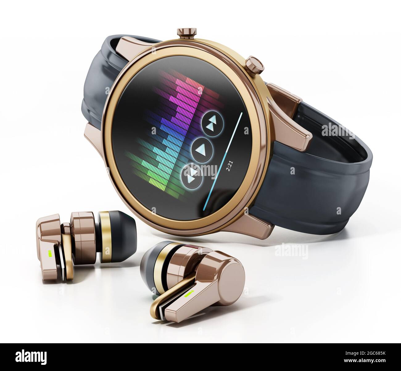 Generic smartwatch and wireless bluetooth earphones. 3D illustration ...
