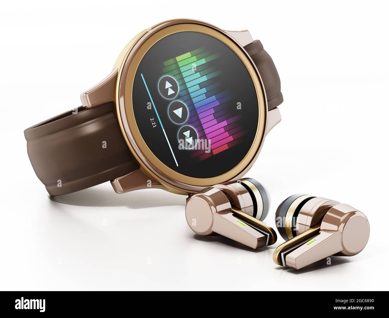 Generic smartwatch and wireless bluetooth earphones. 3D illustration ...