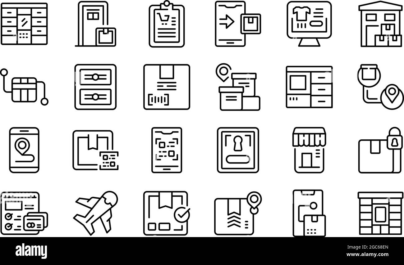 Self-service parcel delivery icons set outline vector. Automat locker ...