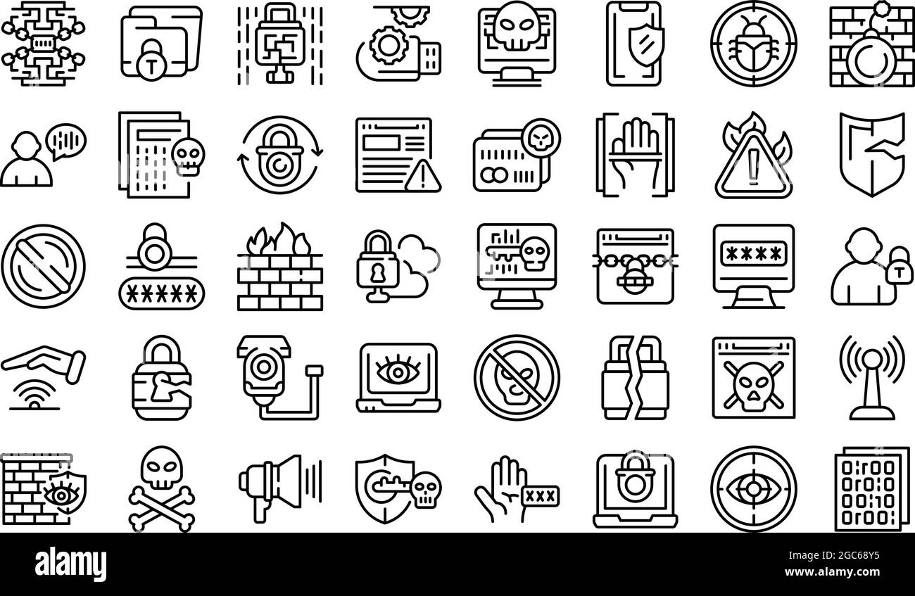 Stop theft icons set outline vector. Anti terrorist. Hacker attack ...