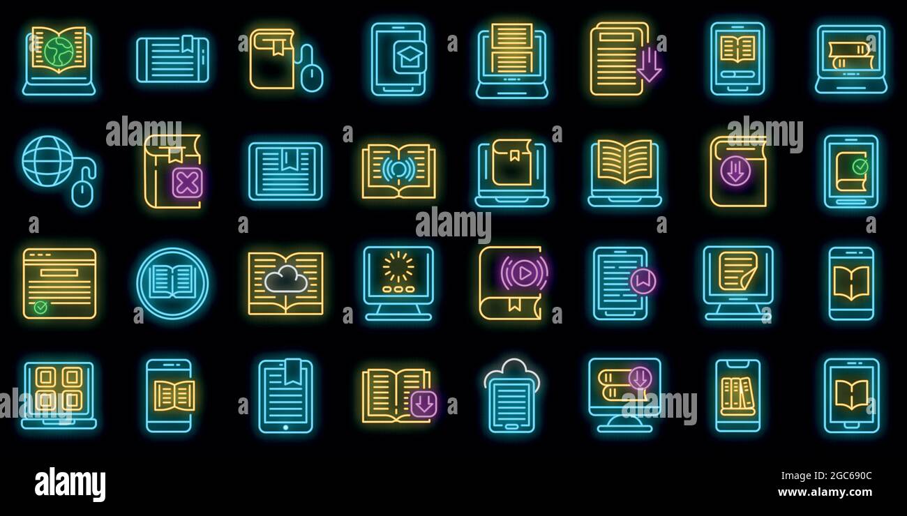 E-book application icons set. Outline set of e-book application vector ...
