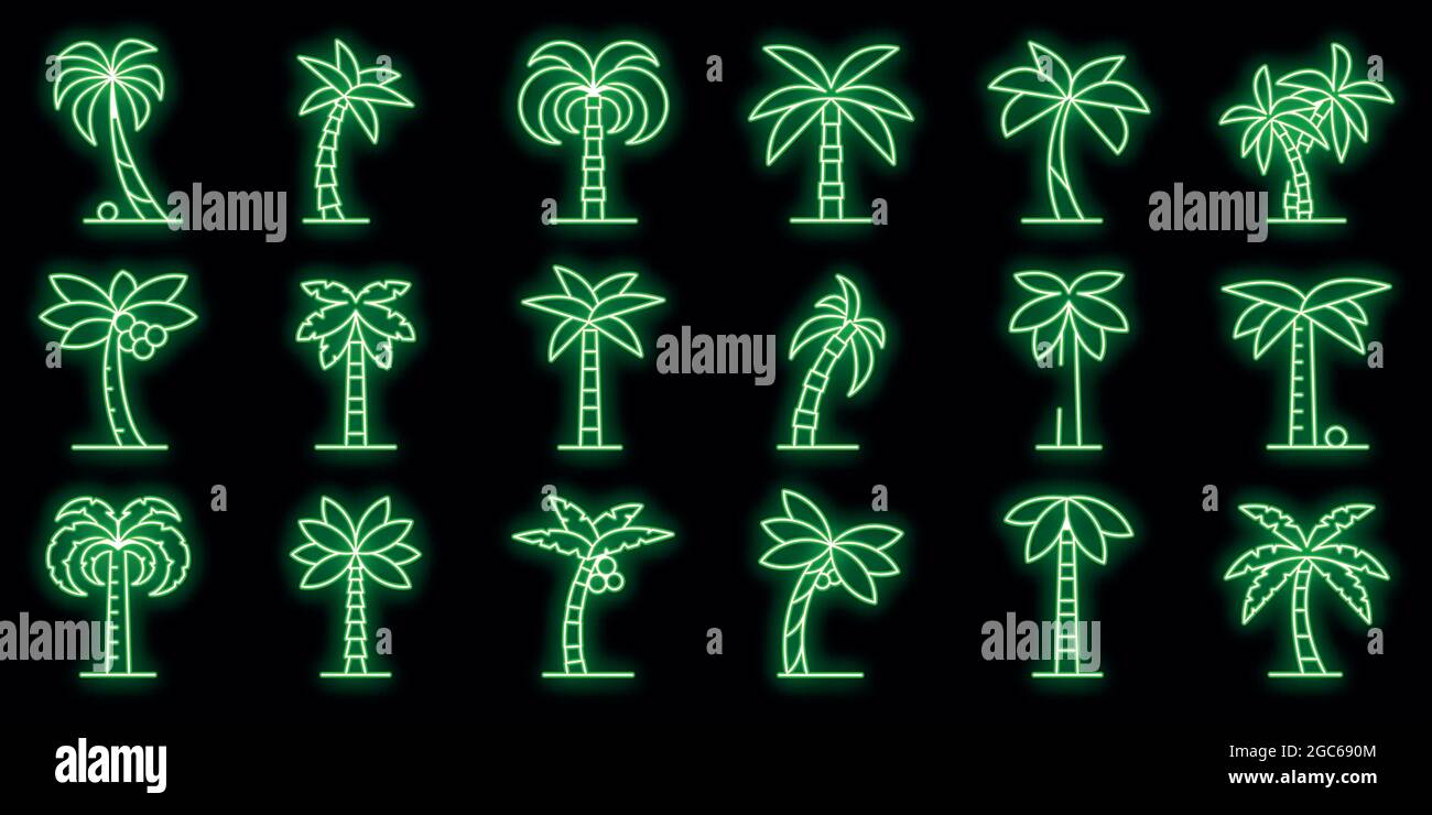 Palm icons set. Outline set of palm vector icons neon color on black ...