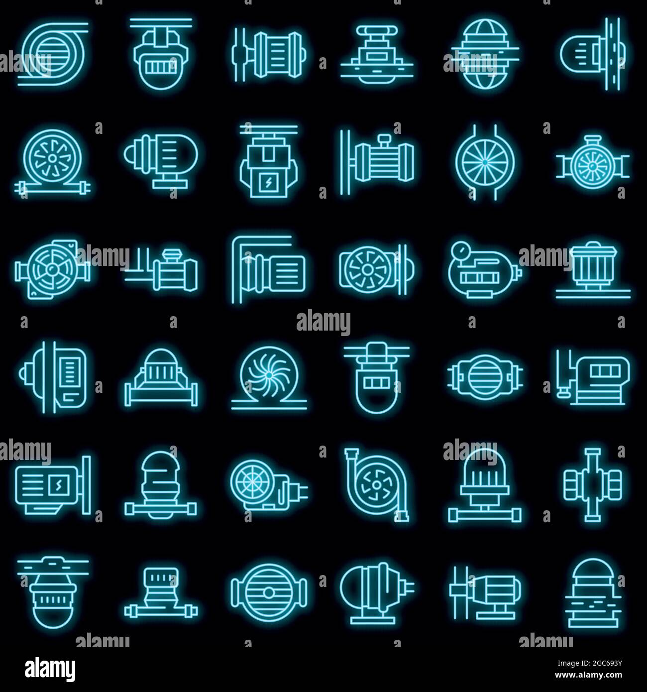 Pump icons set. Outline set of pump vector icons neon color on black ...