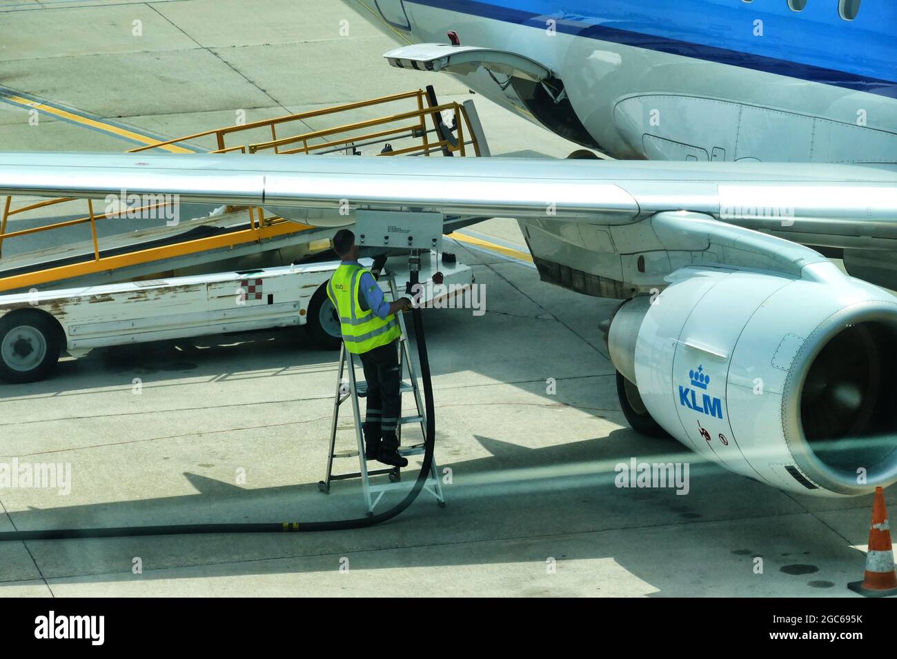 TURIN, ITALY - Jul 12, 2021: The technical operations to the airplane ...