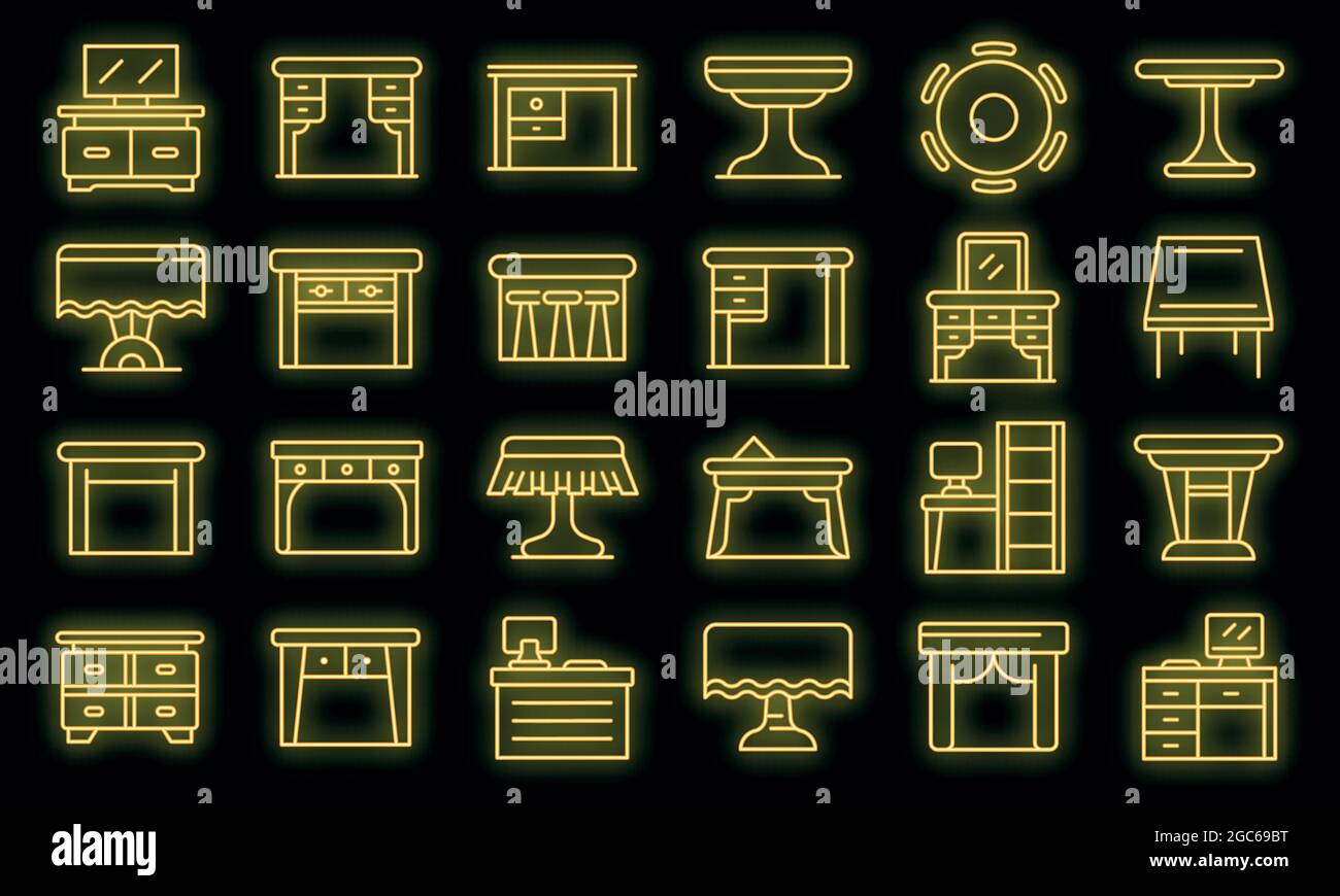 Table icons set. Outline set of table vector icons neon color on black ...