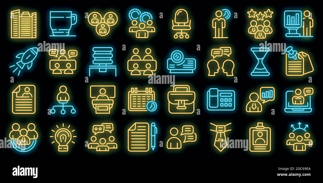 Meeting icons set. Outline set of meeting vector icons neon color on ...
