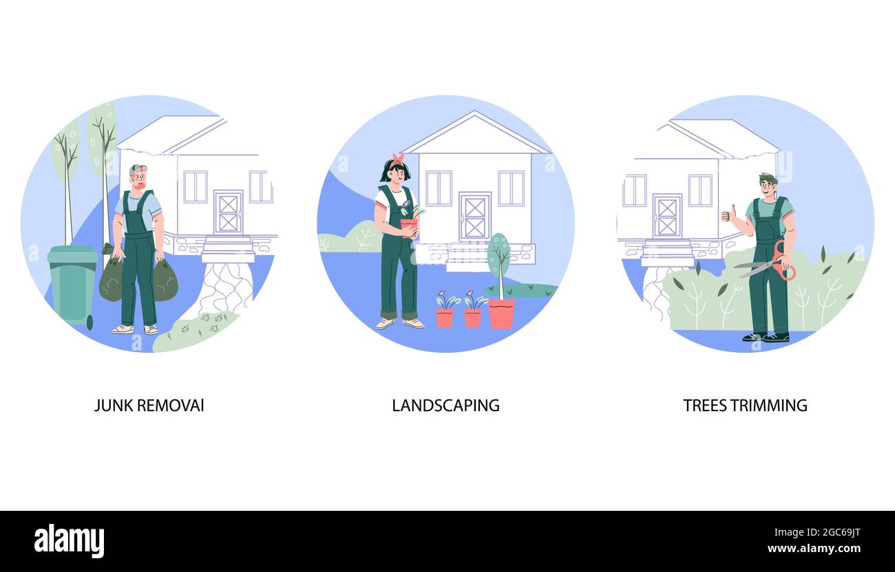 Gardening services banners set including trees trimming, landscaping ...