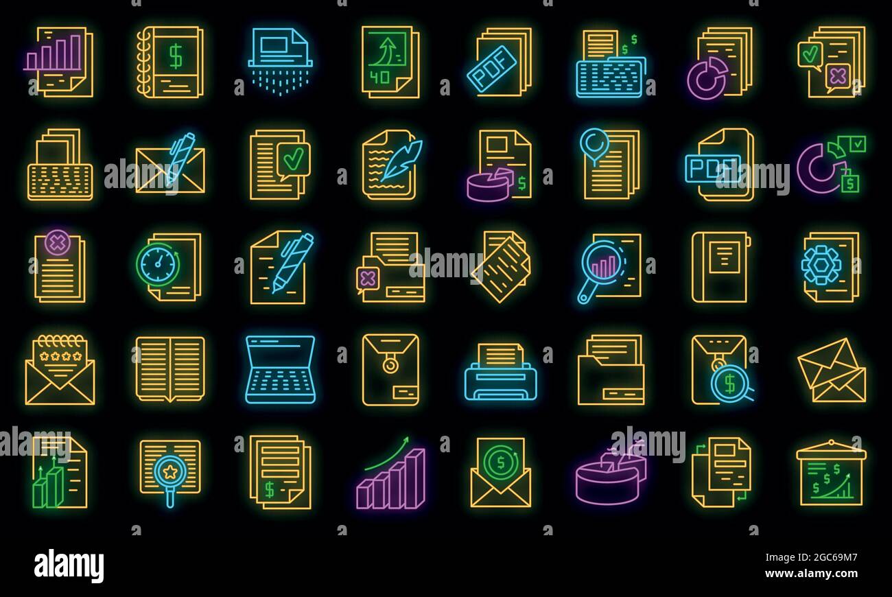 Report icons set. Outline set of report vector icons neon color on ...
