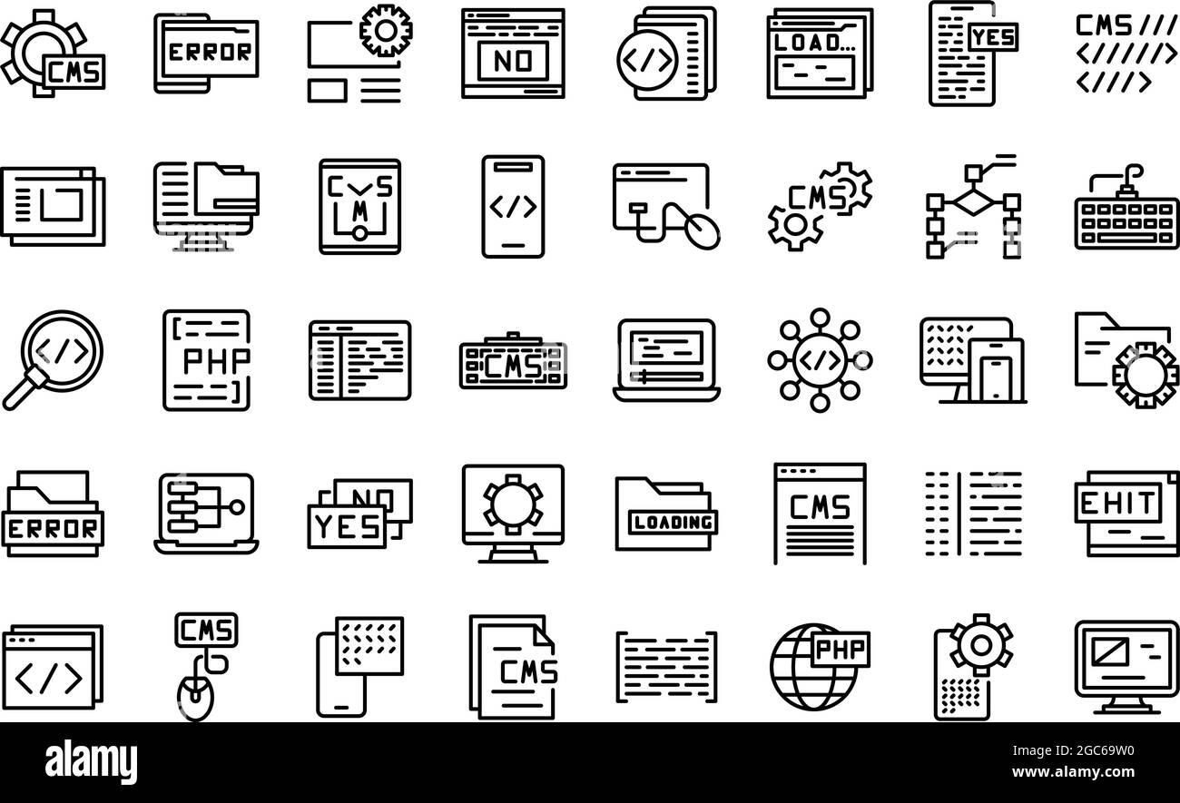 Cms development icons set outline vector. Data code. Design application ...