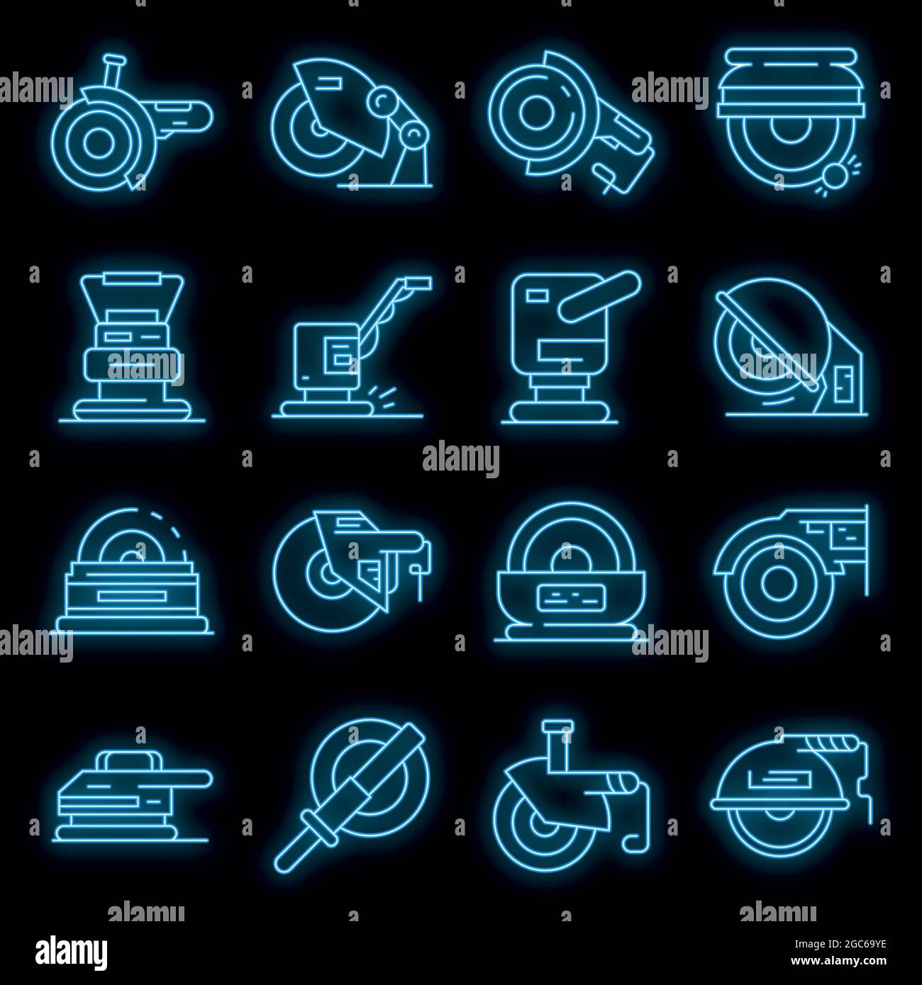 Grinding machine icons set. Outline set of grinding machine vector icons neon color on black ...