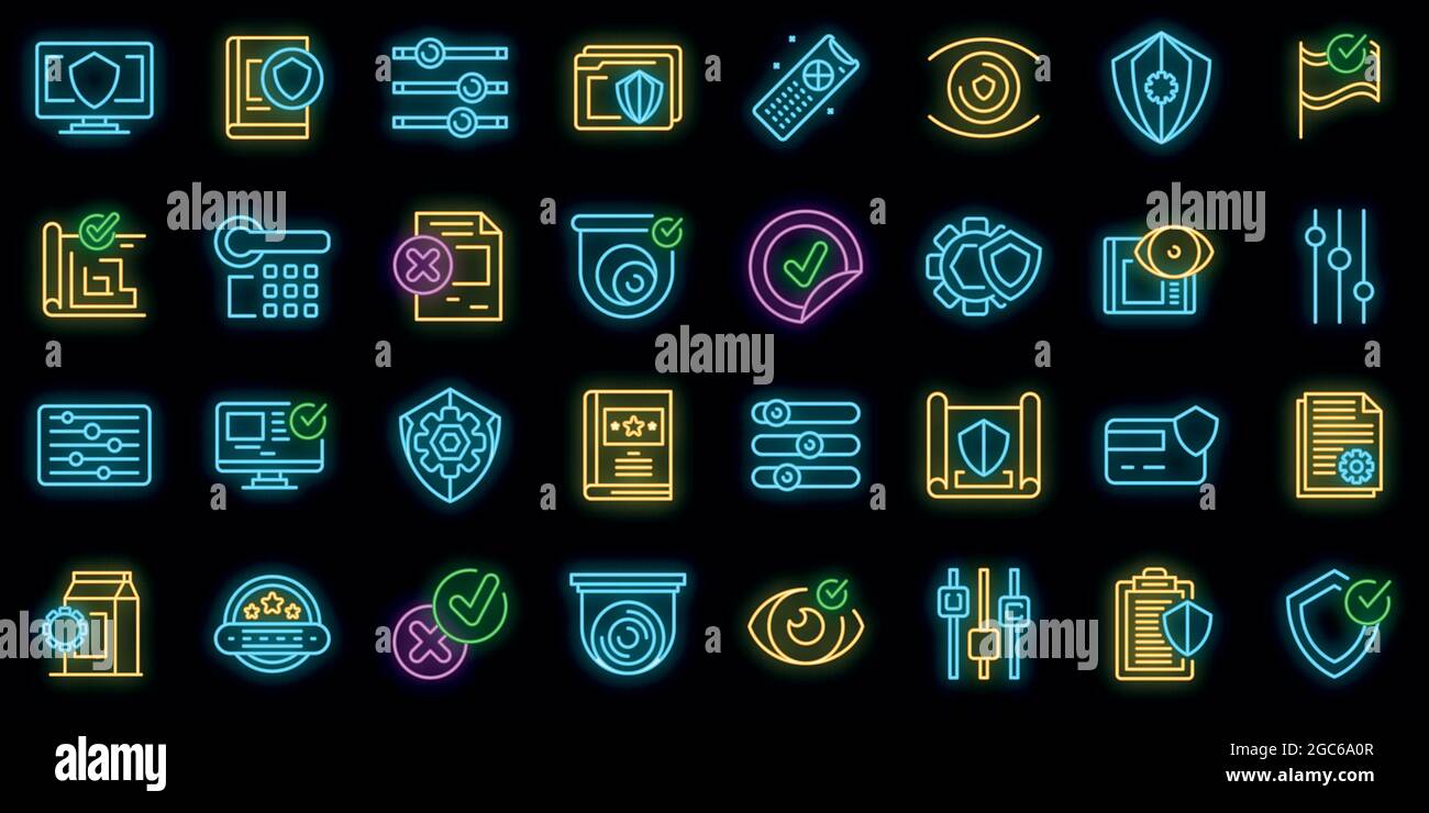 Control icons set. Outline set of control vector icons neon color on ...