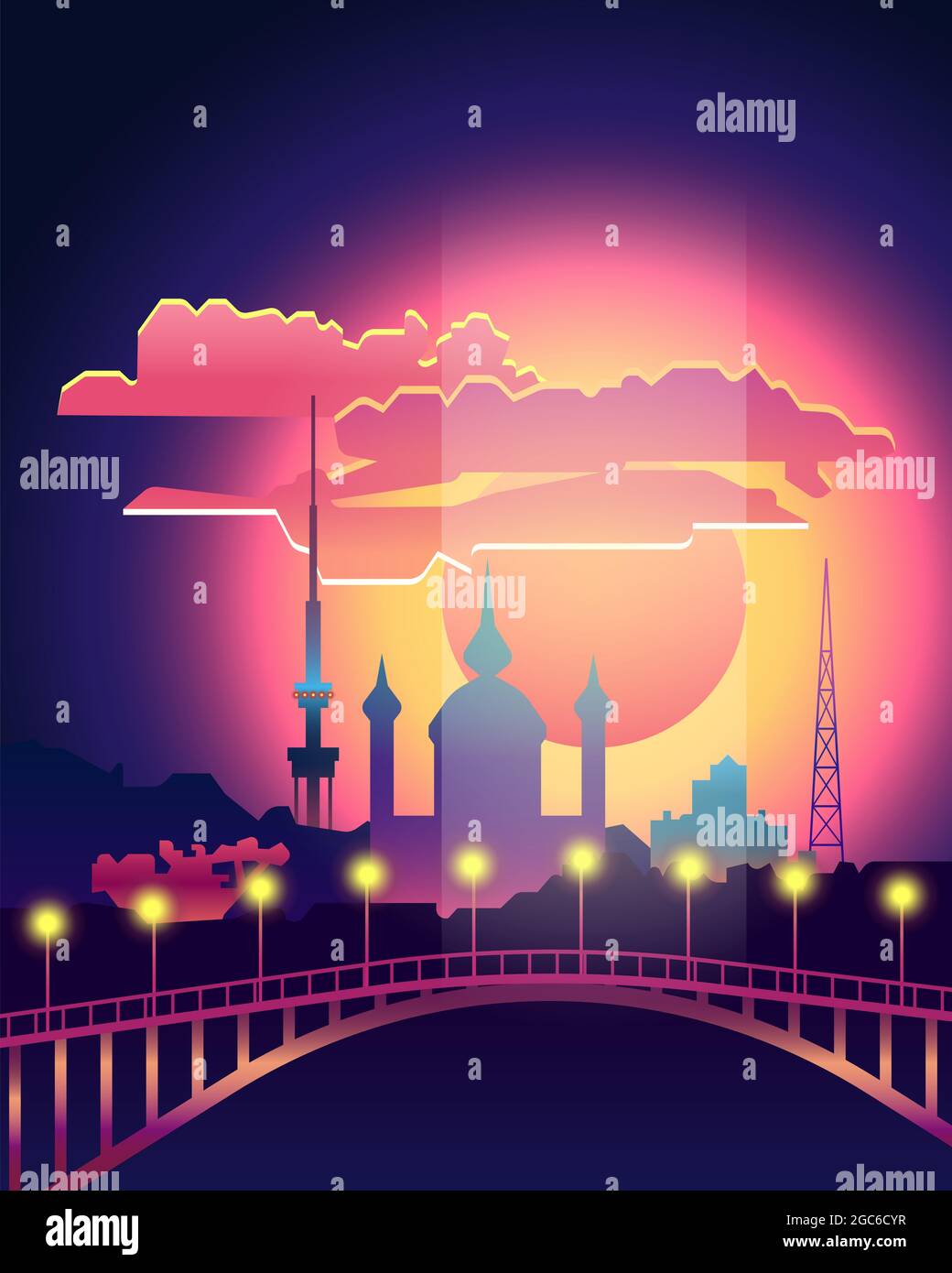 Evening - night city skyline. Famous sightseens of Kiev in the form of ...