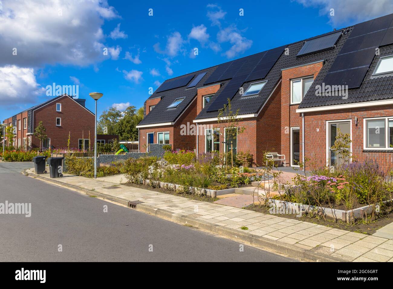 Street landscape with modern houses and flowers in a dutch town, The ...