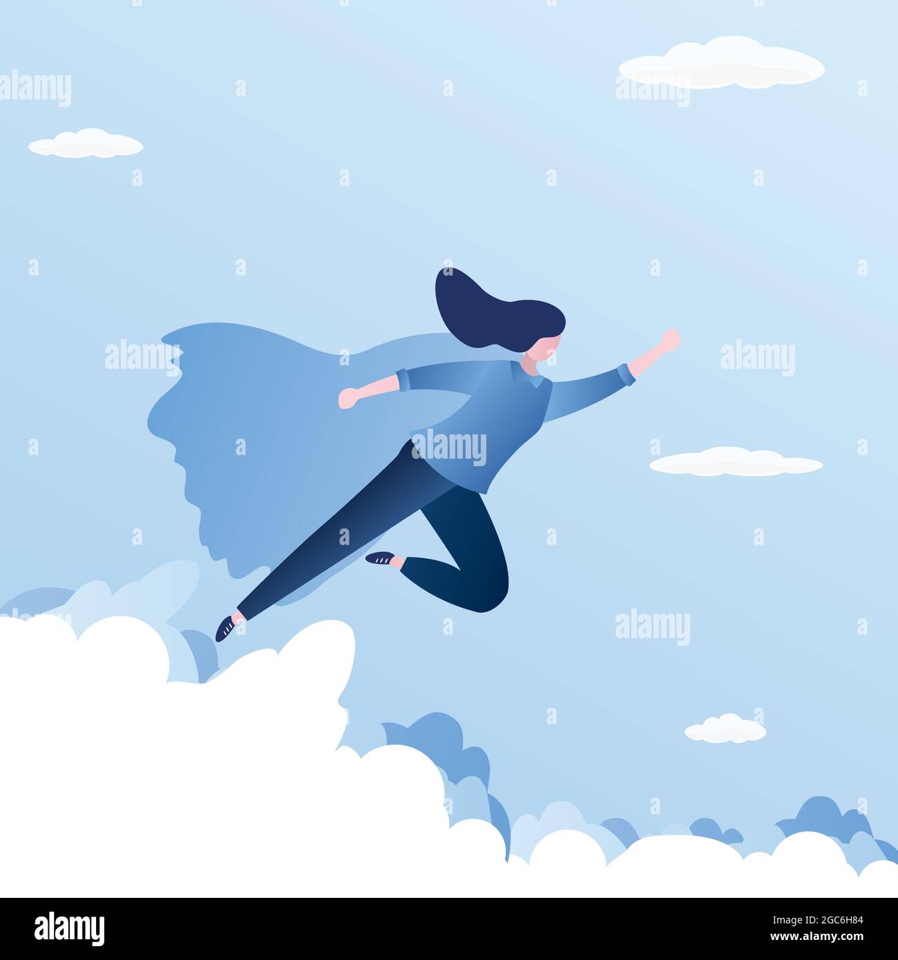 Businesswoman looking like Super hero flying to success in sky ...