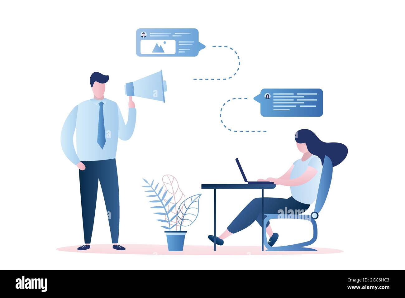 Businessman boss with megaphone and female employee on workplace ...