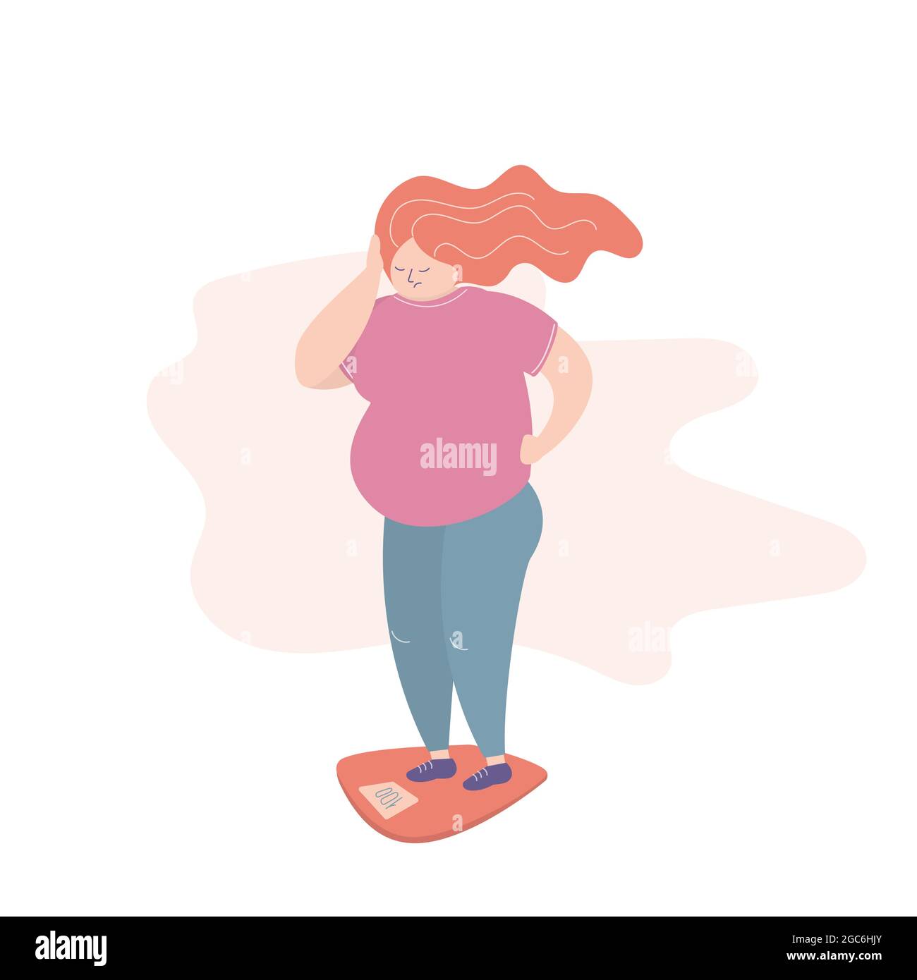 Sad fat woman stands on the scales,weight loss problem concept,flat ...