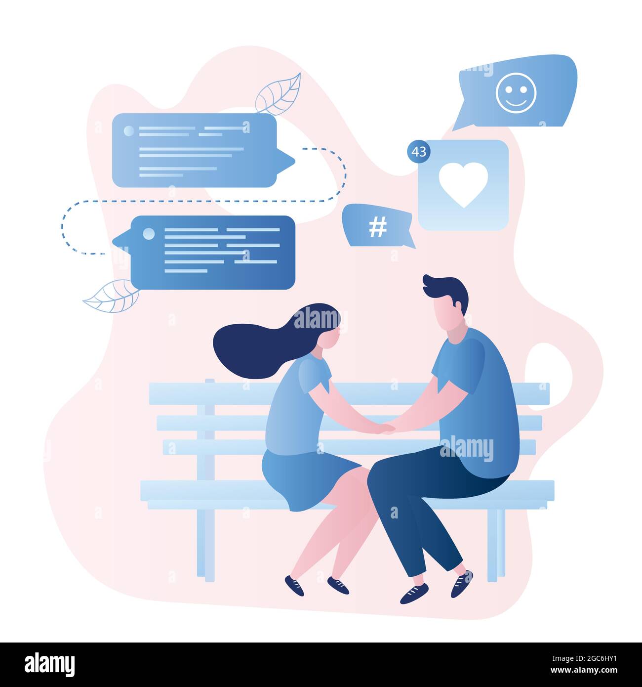 Love couple sitting on bench,speech bubbles with signs,male and female ...