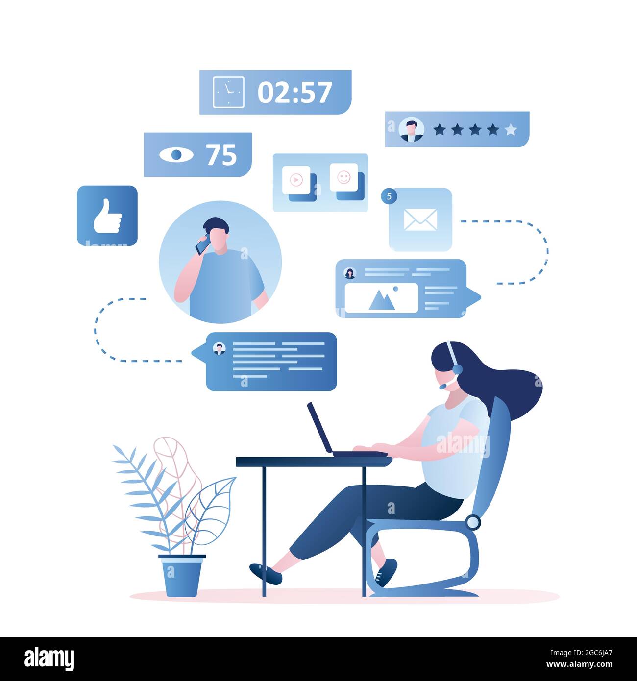 Girl assistant with headset on workplace, Online support background ...