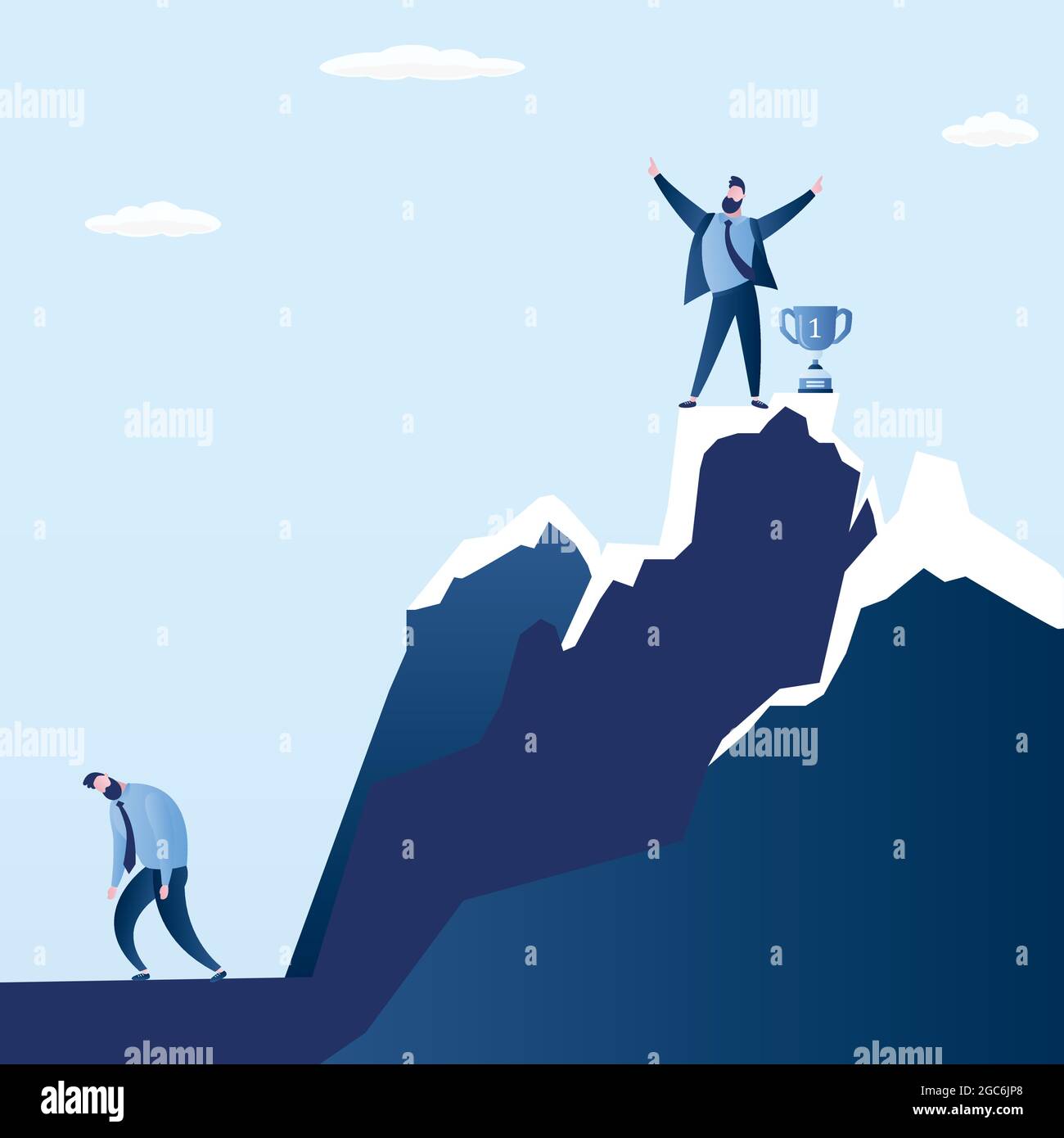 Happy winner businessman on top of mountain peak and sad business loser ...