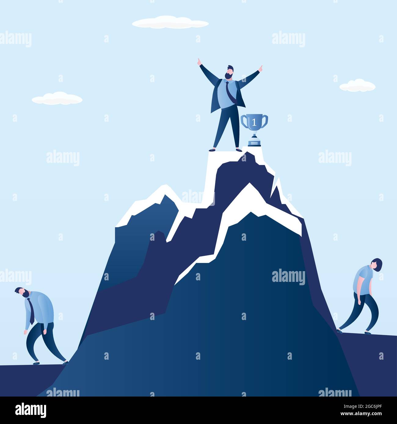 Happy winner businessman standing on top of mountain peak and two sad ...