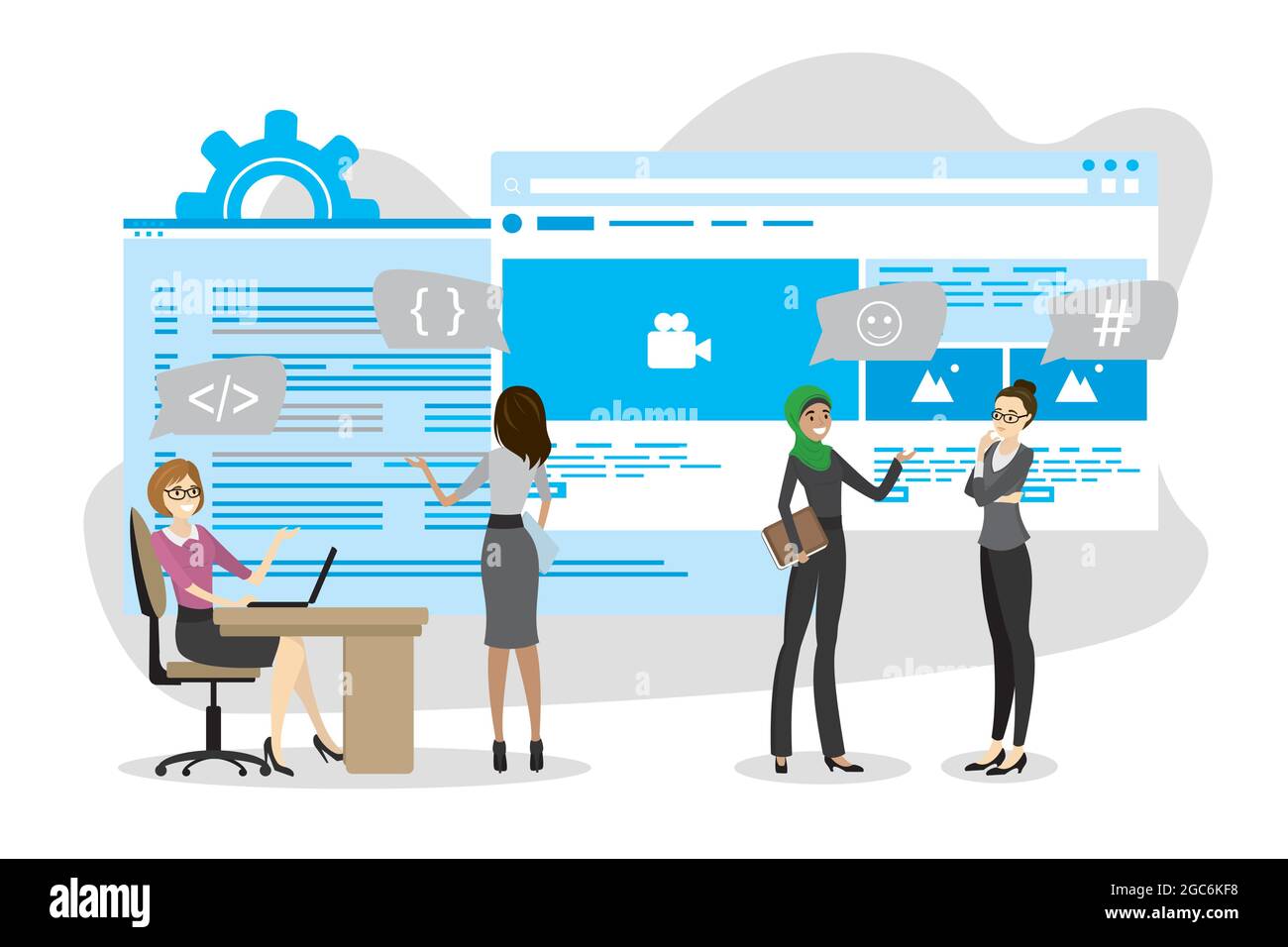 Group of business women characters,girls talking and discussion,web ... Group of business women characters,girls talking and discussion,web ...