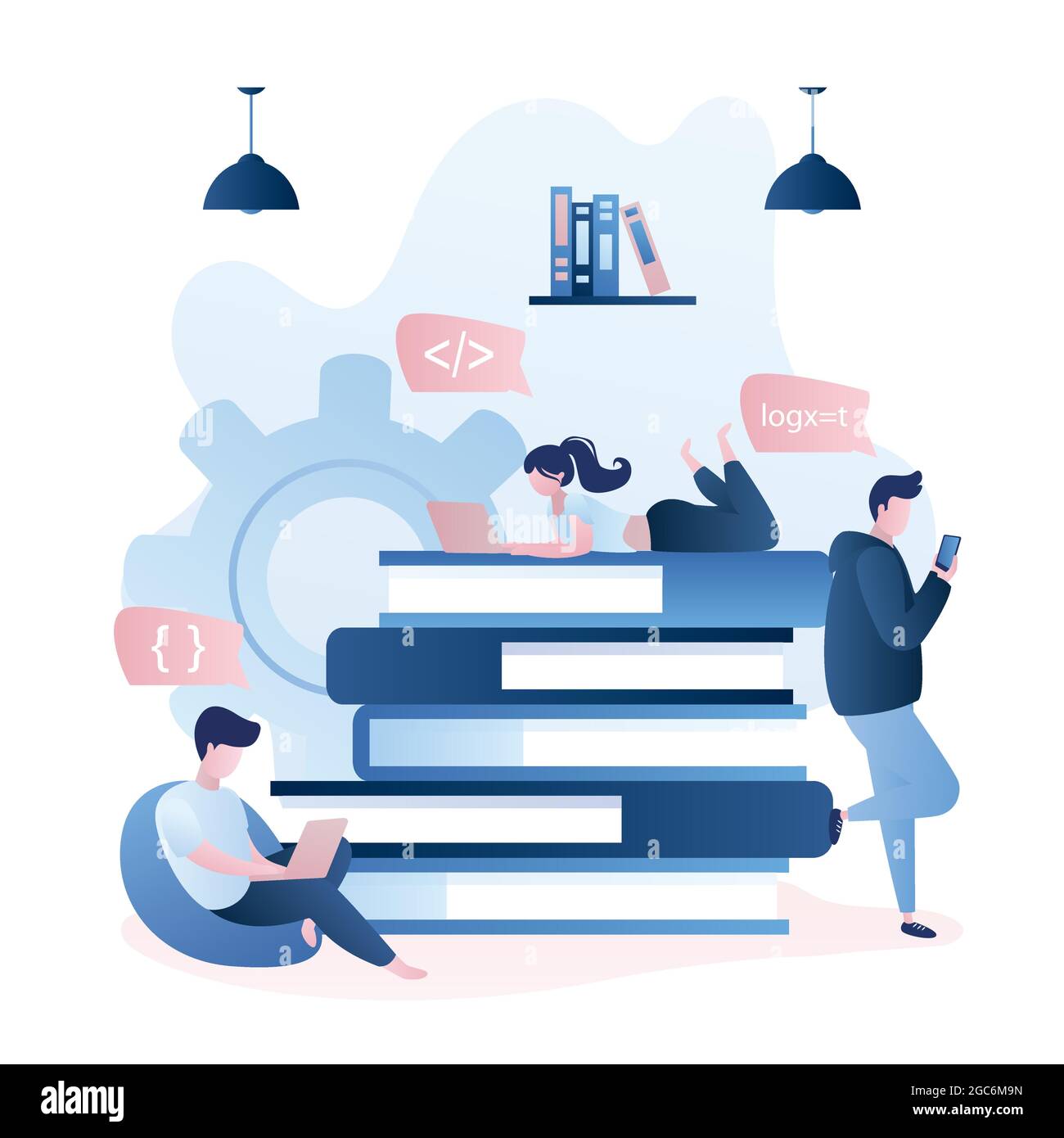 Various people with smart gadgets,books on background,education and ...