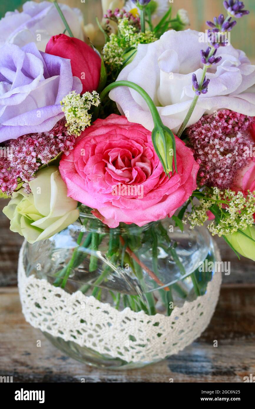 Bouquet with rose, eustoma and lavender flowers. Summer decor Stock ...