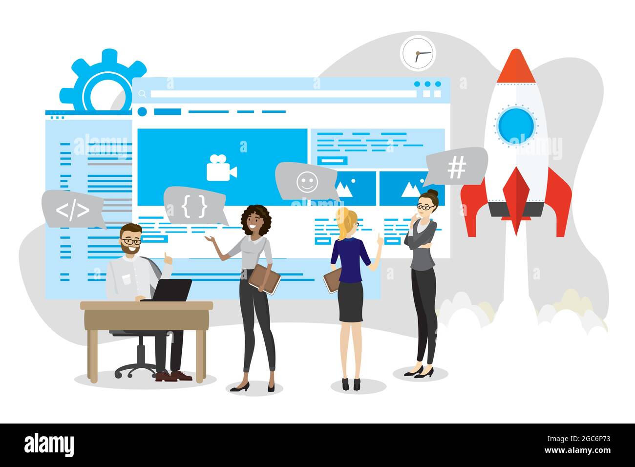 Application or web site development,cartoon three businesswomen and programmer,spaceship take ...