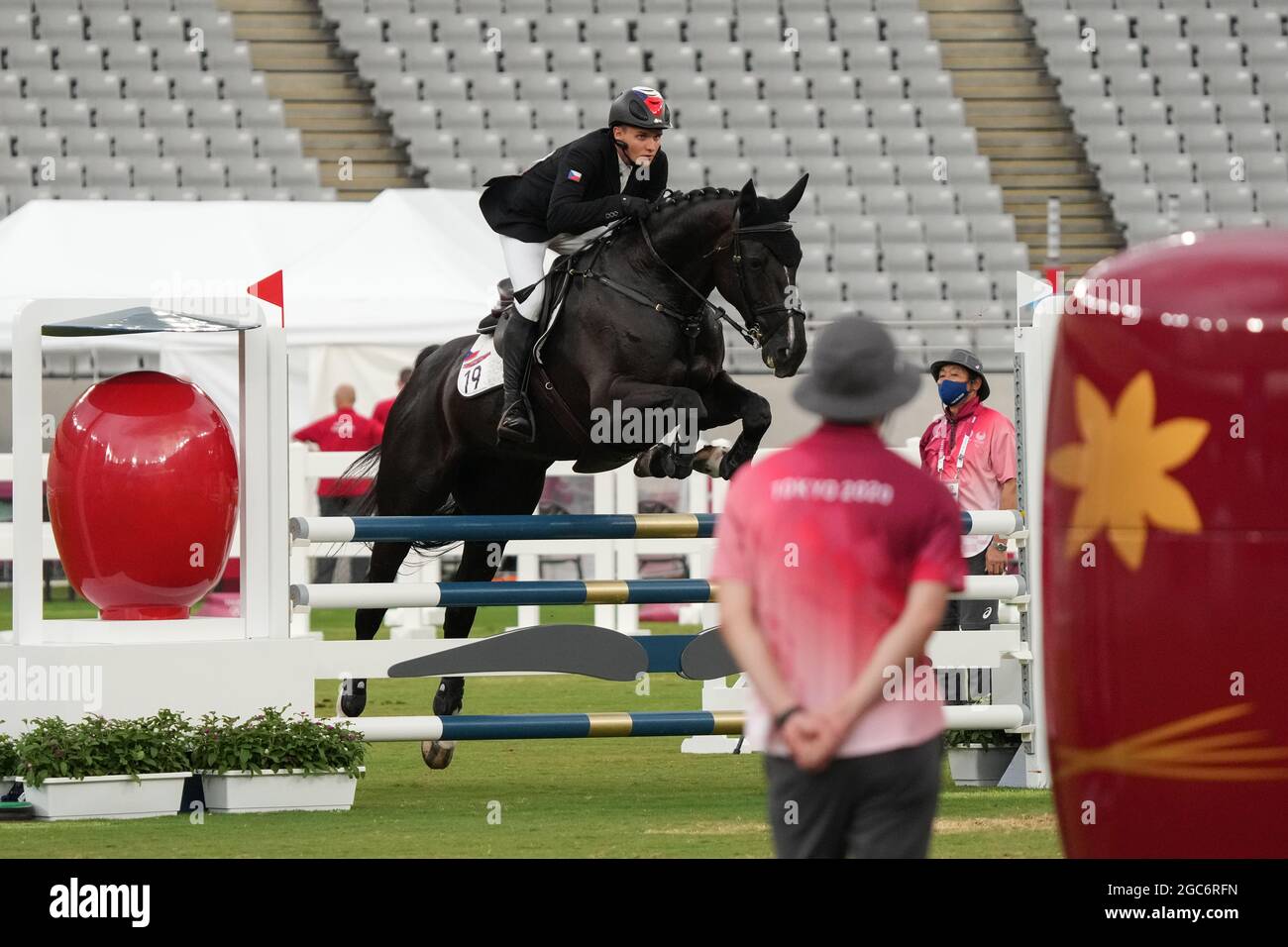 Czech Martin Vlach competes in the equestrian portion of the men's ...