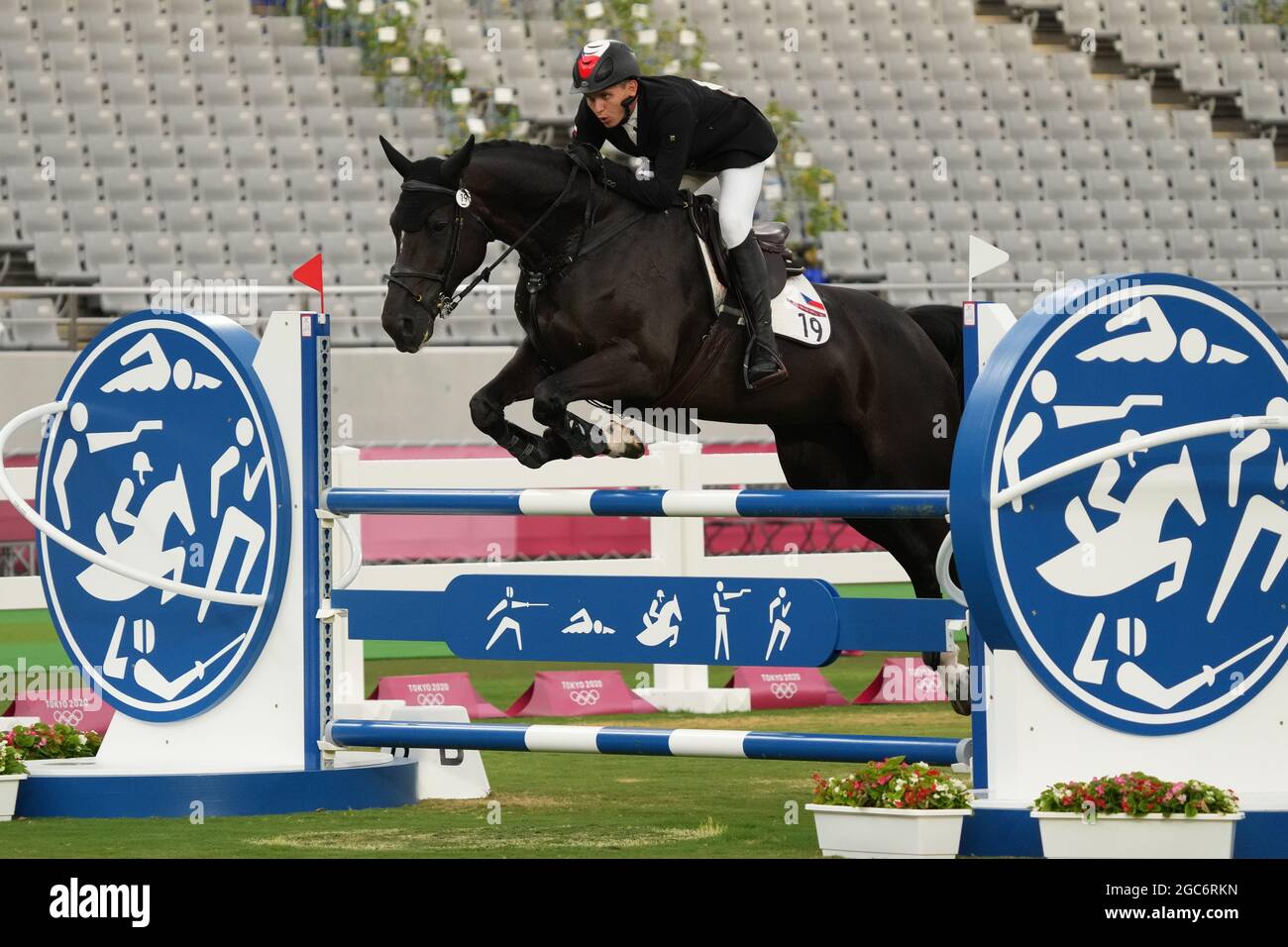 Czech Martin Vlach competes in the equestrian portion of the men's ...