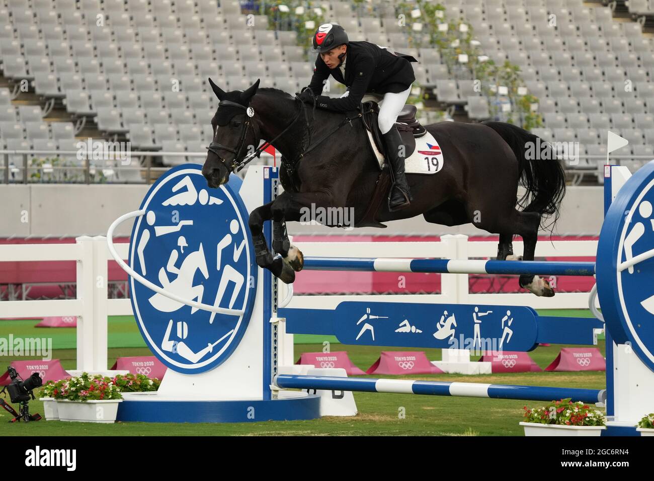 Czech Martin Vlach competes in the equestrian portion of the men's ...
