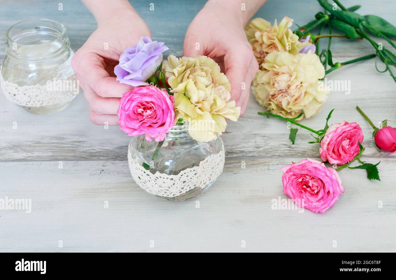 Florist at work: How to make simple bouquet with rose, eustoma and ...