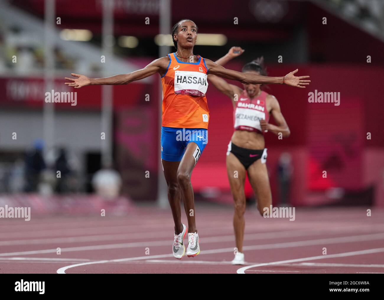 Netherlands' Sifan Hassan crosses the line to win gold in the Women's 10,000m Final at the ...