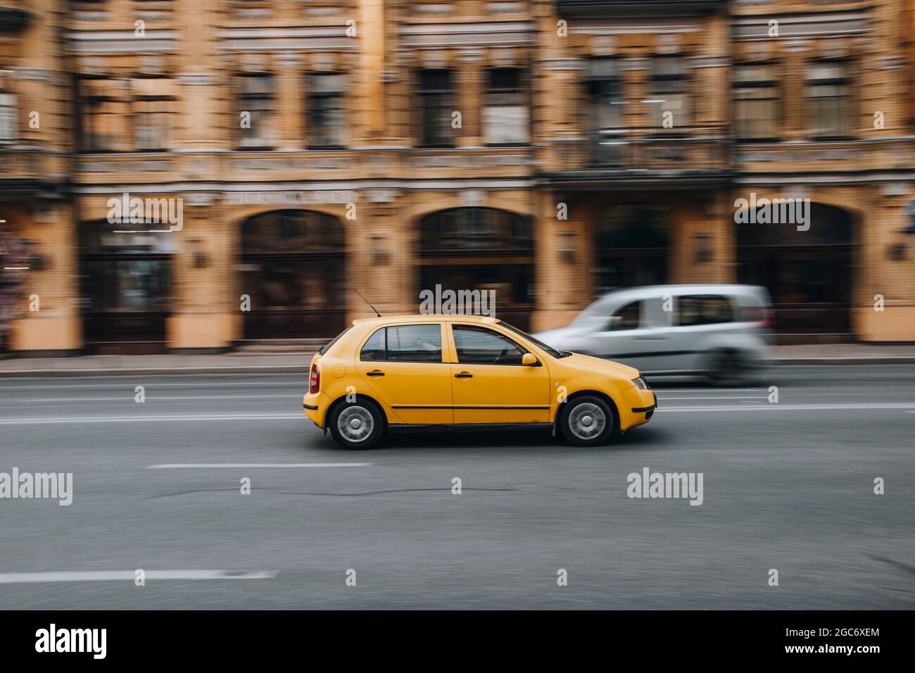 Ukraine, Kyiv - 2 June 2021: Yellow Skoda Fabia car moving on the ...