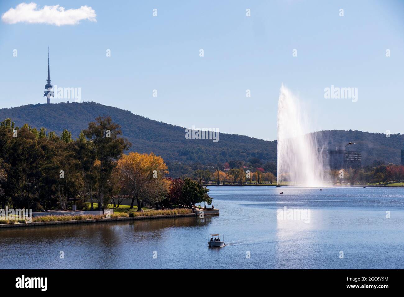 Australia, Australian Capital Territory, Canberra, Fountain on Lake ...