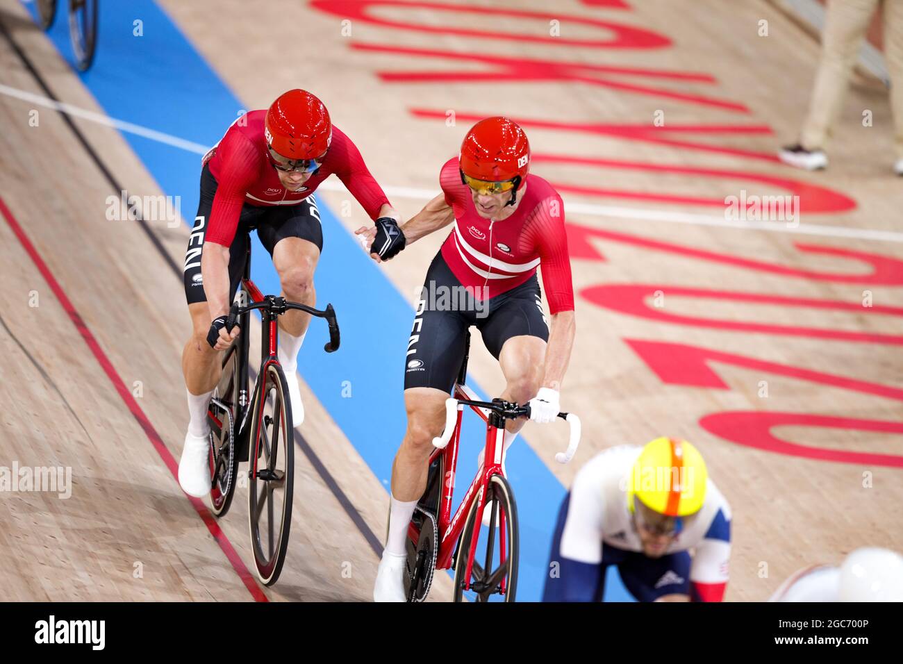 Lasse Norman Hansen and Michael Morkov of Team Denmark (DEN) celebrate ...
