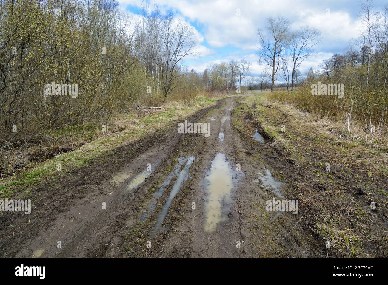 Spring slush and off-road.After the rain, there is mud and puddles on ...