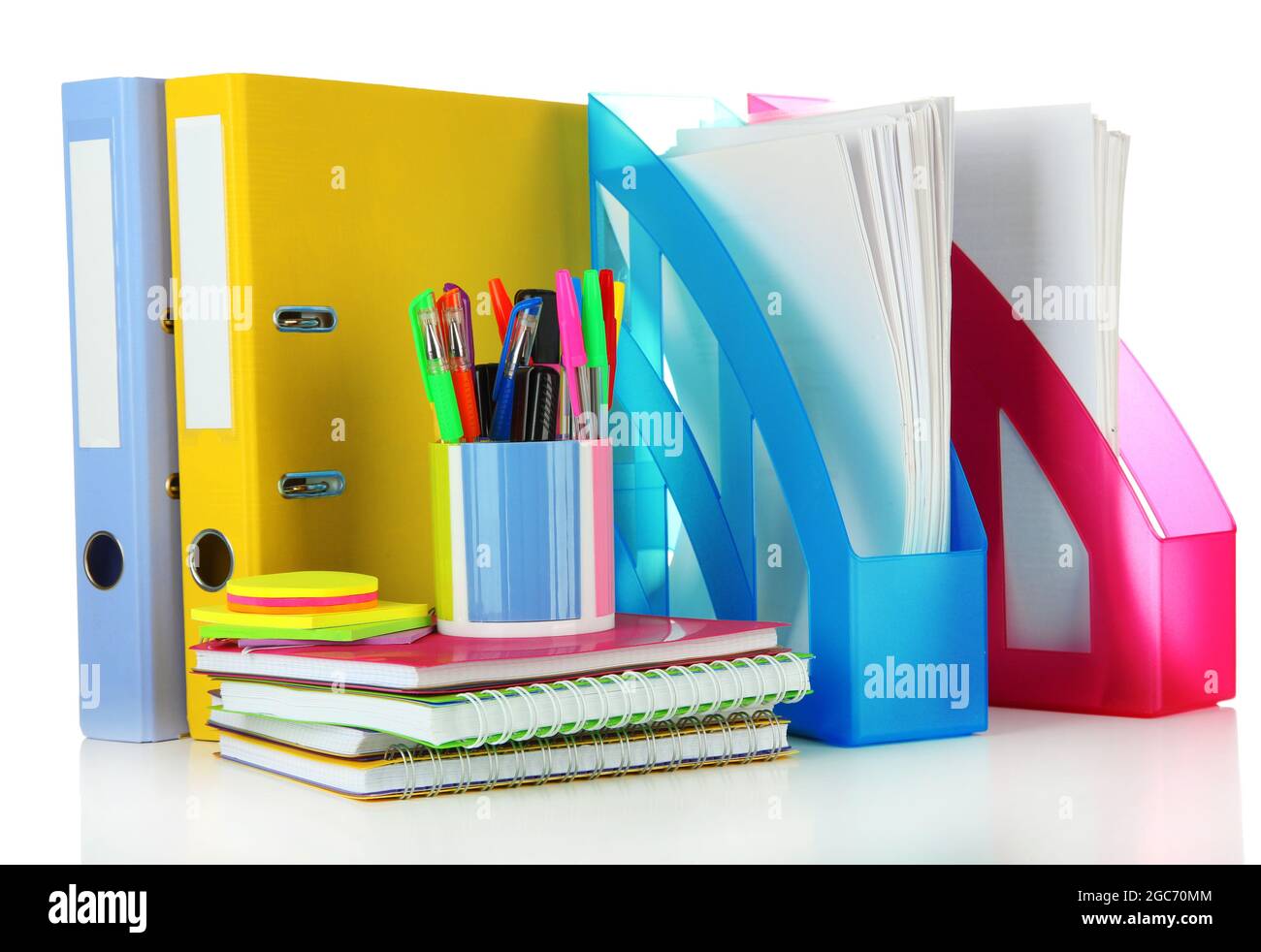 Bright office folders and different stationery isolated on white Stock ...