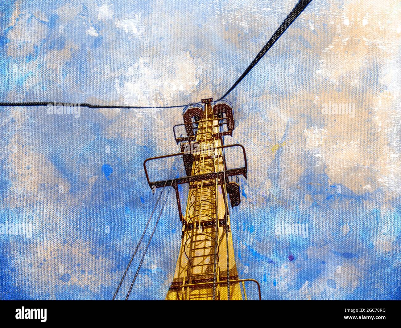 Digital watercolor painting. Industry. The yellow boom of the harbor ...