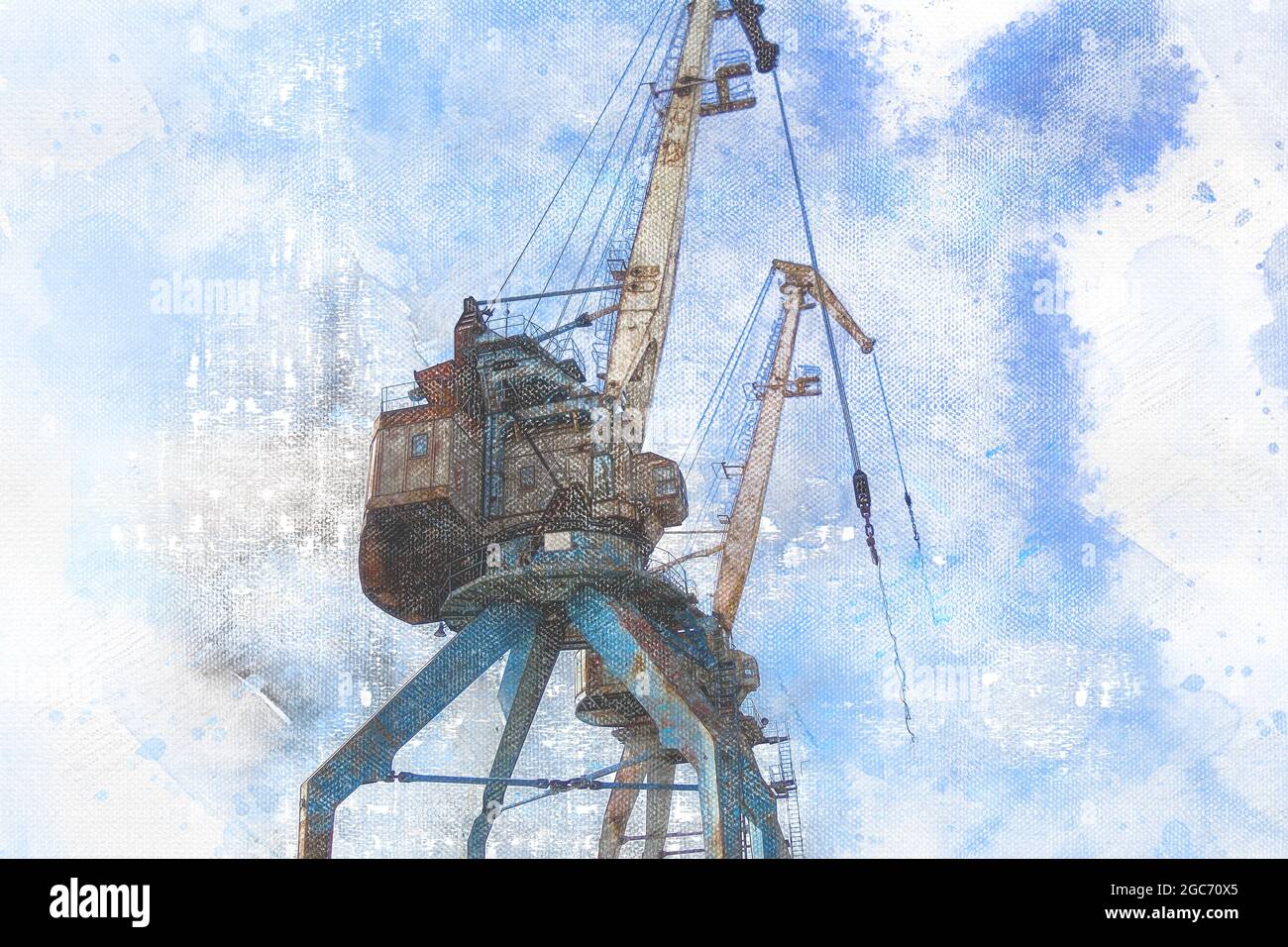 Industry. Old port cranes against the sky. Rusty cranes in a row on an ...