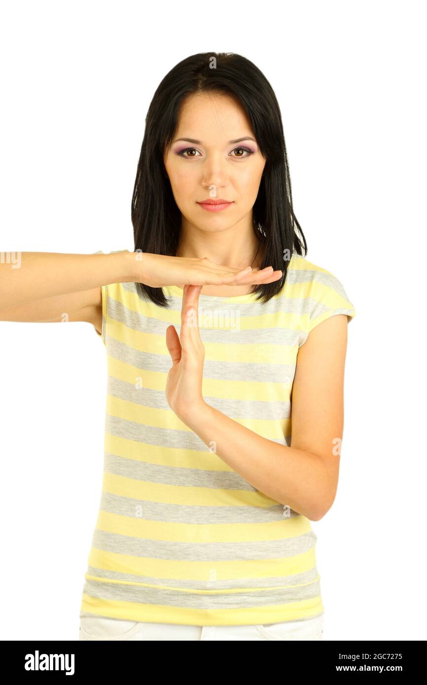 Girl showing time out sign isolated on white Stock Photo - Alamy