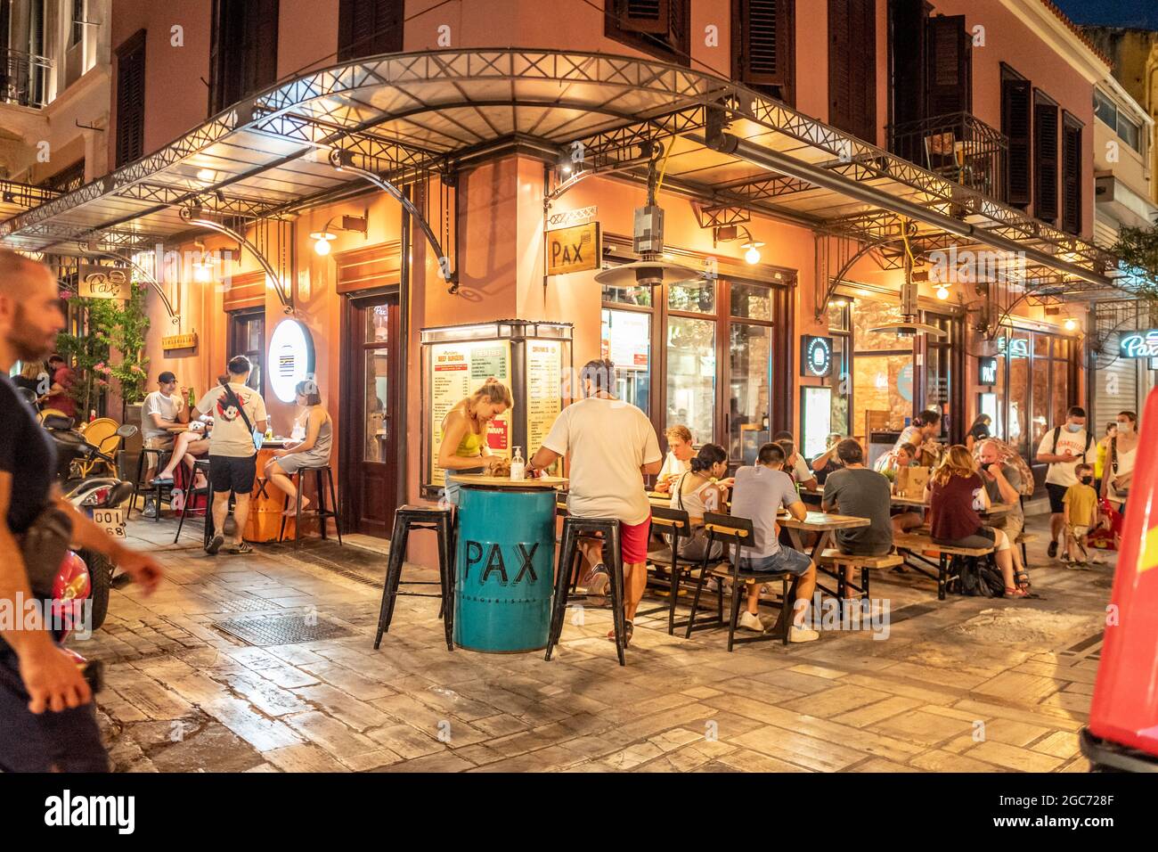 Athens, August 3rd 2021: Bars and restaurants at and near Iroon Square ...