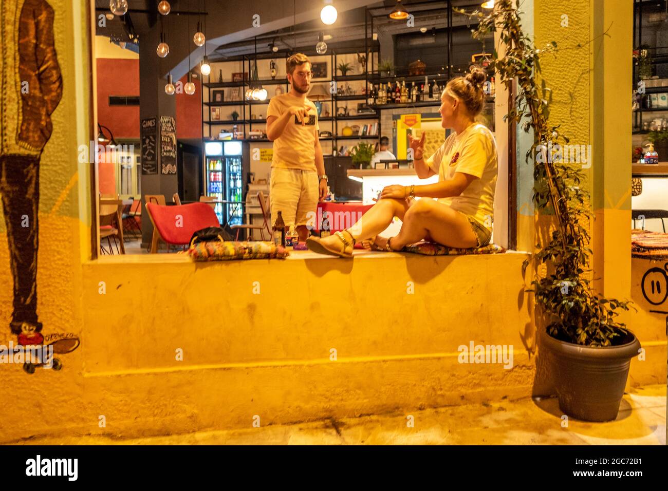 Athens, August 3rd 2021: Bars and restaurants at and near Iroon Square ...