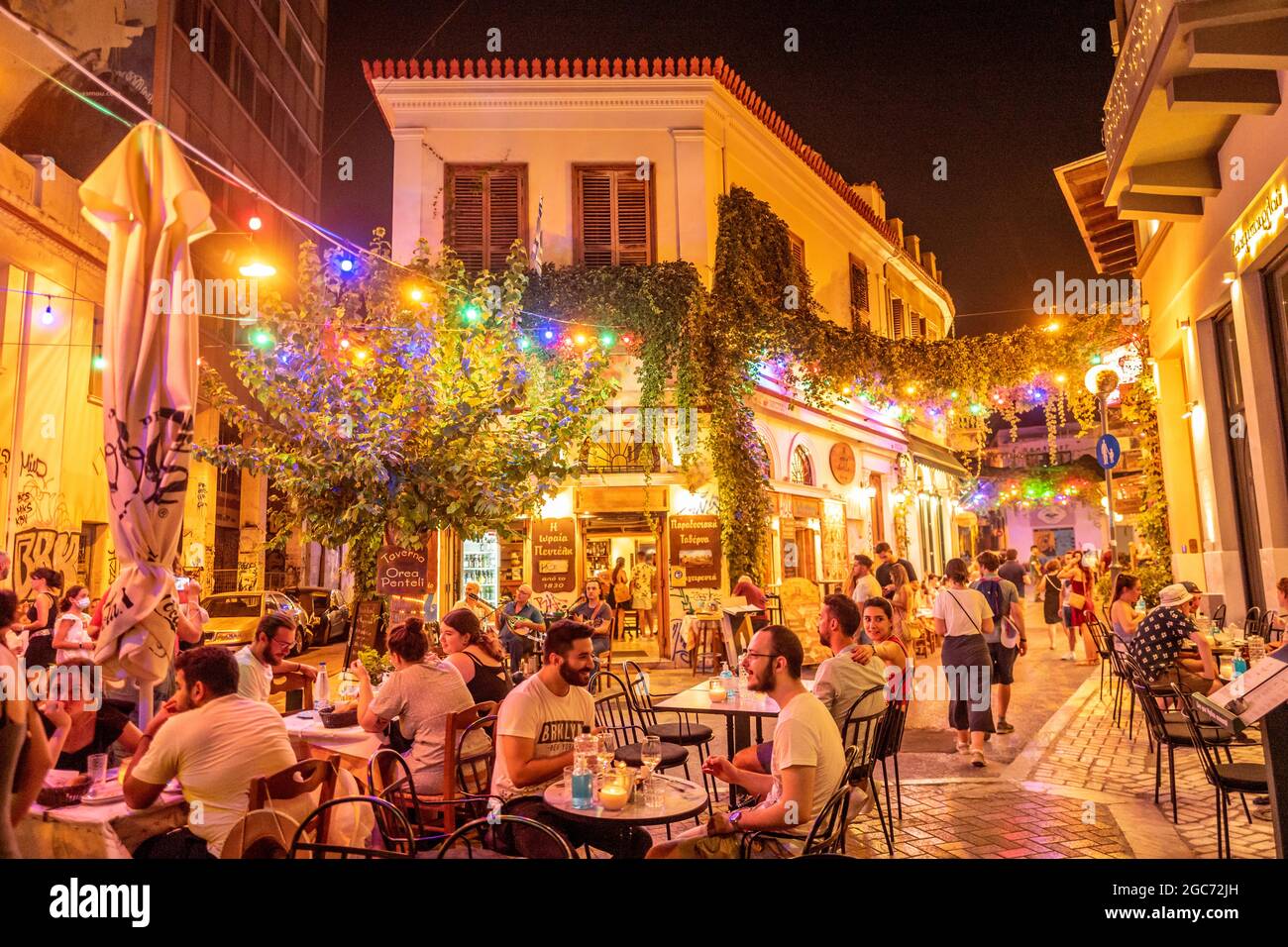 Athens, August 3rd 2021: Bars and restaurants at and near Iroon Square ...