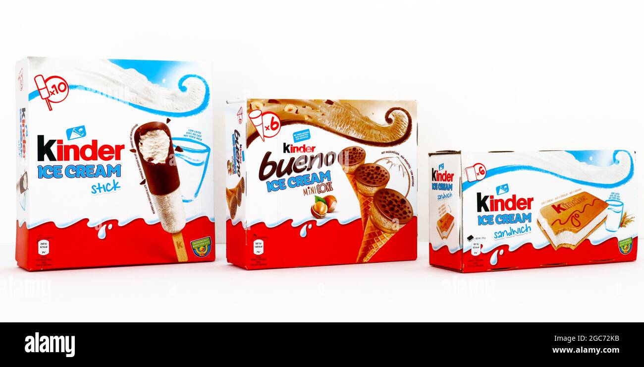 Boxes of KINDER Ice Cream with different flavors. KINDER is a brand of ...
