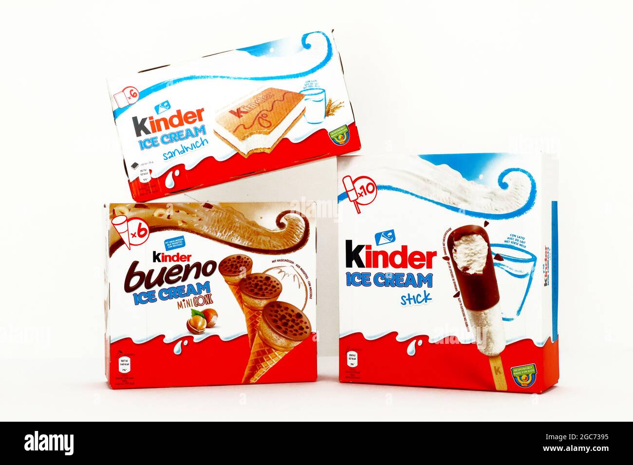 Boxes of KINDER Ice Cream with different flavors. KINDER is a brand of ...